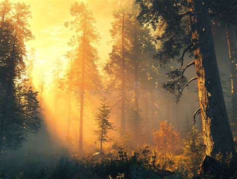 Magical Sunrise In A Misty Forest Golden Light Filtering Through Tall