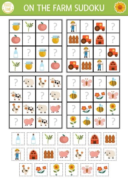 그림이 있는 아이들을 위한 벡터 농장 스도쿠 퍼즐 잘라내기 및 풀 요소가 있는 농장 퀴즈에서 간단함 농부 헛간 트랙터가 있는 교육 활동 또는 색칠 페이지 누락된 개체 그리기