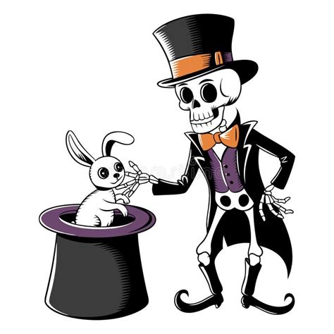 Skeleton Magician Performing Magic Trick With Rabbit In Top Hat Stock