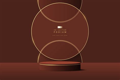유리 원과 금색 스트로크 배경이 있는 제품 디스플레이 프레젠테이션을 위한 고급 갈색 3d 실린더 연단 또는 받침대 무대 쇼케이스