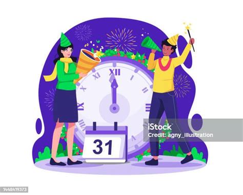 사람들은 밤 12시를 보여주는 거대한 시계로 새해 전날을 축하합니다 폭죽과 불꽃놀이를 가지고 노는 커플 플랫 스타일의 벡터 그림