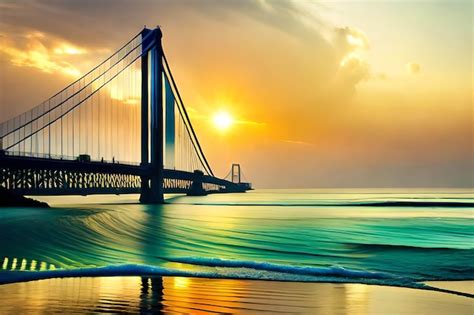 Premium Ai Image A Bridge In The Distance With The Sun Setting Behind It