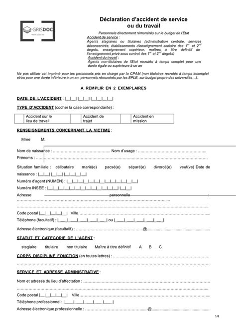 Déclaration daccident de service ou du travail DOC PDF page 1 sur 4