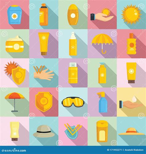 Uv Protection Icons Set Flat Style Stock Vector Illustration Of