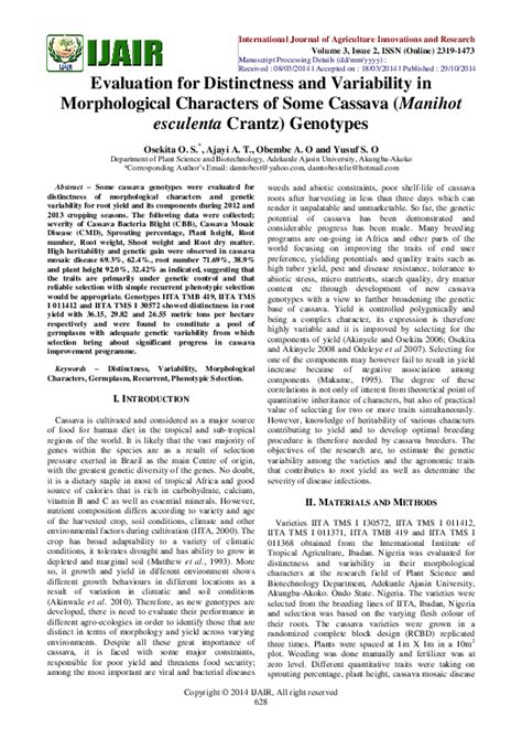 Pdf Evaluation For Distinctness And Variability In Morphological Characters Of Some Cassava