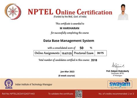 Accomplishment Of Nptel Online Certification In Data Base Management System Hariharan M