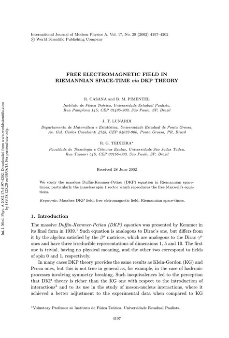 Pdf Free Electromagnetic Field In Riemannian Space Time Via Dkp Theory