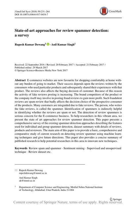 State Of Art Approaches For Review Spammer Detection A Survey Request Pdf