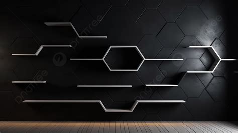 黒い壁に取り付けられた六角形の棚が空で不機嫌な雰囲気を作り出す 3d レンダリング 3d ウォール 棚のモックアップ 空の棚背景壁紙画像