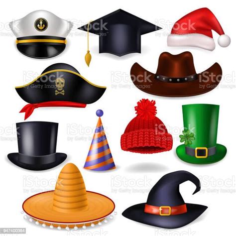 모자 벡터 만화 캡 모자와 생일 파티 또는 Chrisrmas 축 하 만화 또는 머리드레스 재미 있는 헤드 기어 카우보이 또는 마녀 흰색 배경에 고립의 산타 모자 또는 해 적