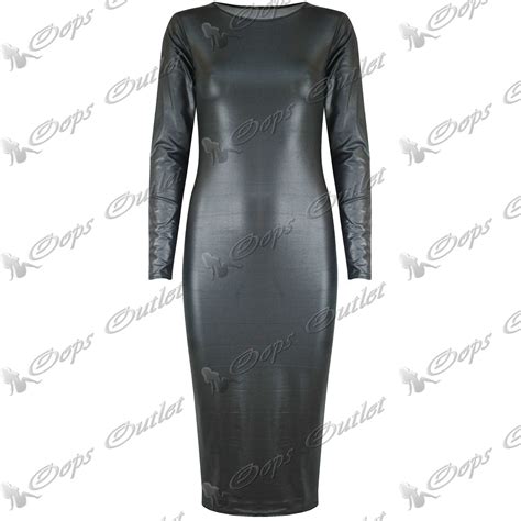 Womens Wetlook Pvc Leather Ladies Bodycon Tunic Dress Peplum Top