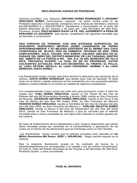 Declaracion Jurada De Propiedad Antonio Nuñez Rodriquez Y Johanny