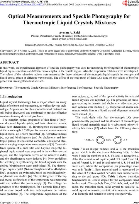 Optical Measurements And Speckle Photography For Thermotropic Liquid Crystals Mixtures