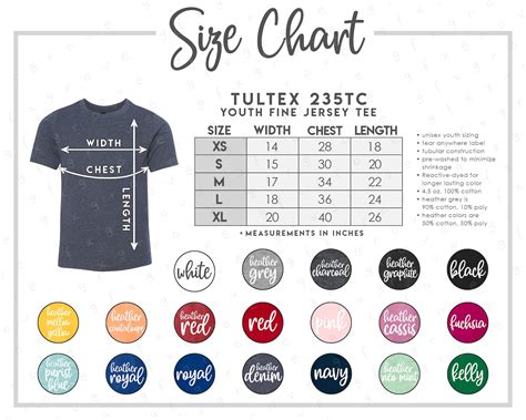 Tultex 235TC Size Color Chart 19 COLORS Tultex Youth Etsy