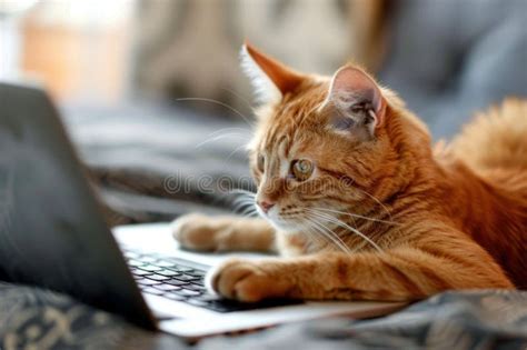 Ginger Cat Using Laptop Computer On Bed Stock Image Image Of Ginger