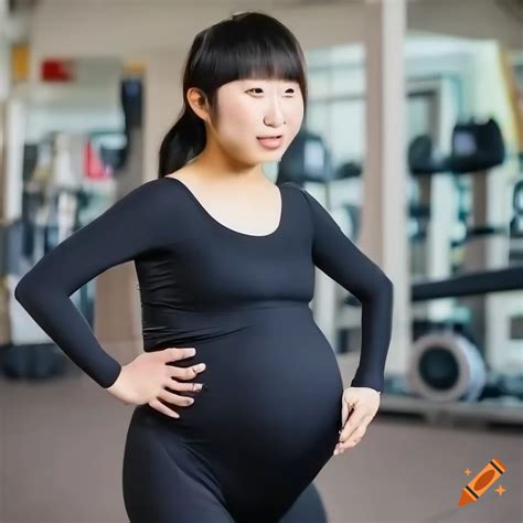 Heavily pregnant, Japanese young woman, wearing dark leotard, giant pregnant belly, at the gym ...