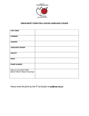 Fillable Online Sjo Utp Edu ENROLMENT FORM FOR A POLISH LANGUAGE COURSE