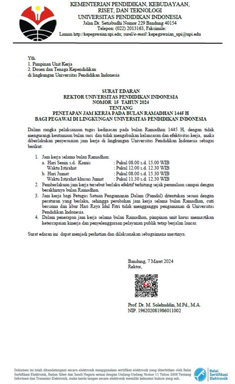 Penetapan Jam Kerja Pada Bulan Ramadhan 1445 H Bagi Pegawai Di