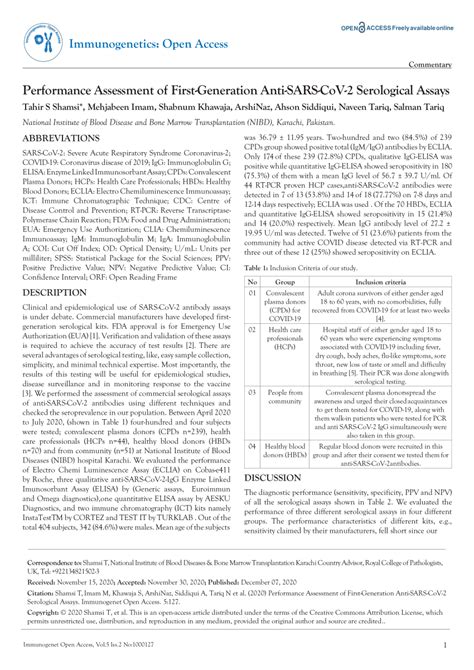Pdf Immunogenetics Open Access Performance Assessment Of First Generation Anti Sars Cov 2