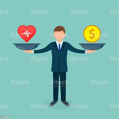 건강 또는 돈 벡터 일러스트입니다 심 박수와 저울에 대 한 비용 사업가 균형 건강과 동전 개념 개념에 대한 스톡 벡터 아트 및