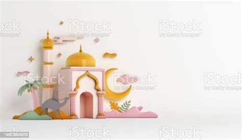 만화 모스크 낙타 초승달 라마단 카림 마울리드 이프타르 이스라 미라지 이드 알 피트르 아다 무하람 복사 공간 3d 그림이 있는