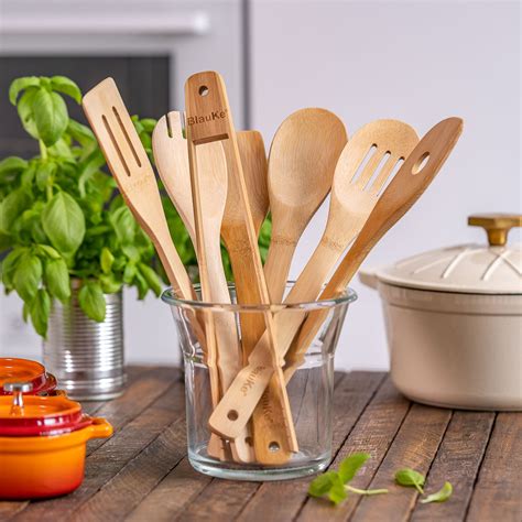 7 Piece Bamboo Cooking Utensils Set Wooden Kitchen Utensils Blauke