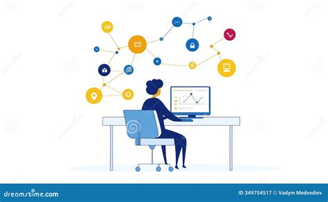 Person Works At Computer Workflow Automation Scheme Business Process Optimization Tech