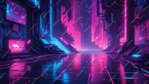 빛나는 분홍색과 파란색 네온 불빛으로 미래의 도시 골목길의 일러스트레이션 프리미엄 Ai 생성 벡터