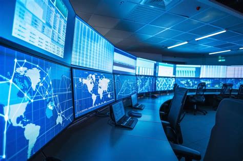 High Tech Control Room With Digital Global Map Displays And Workstations Stock Image Image Of