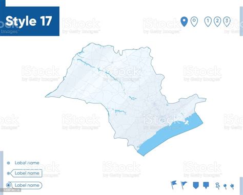 상파울루 브라질 물과 도로와 흰색 배경에 고립된지도 벡터 맵 0명에 대한 스톡 벡터 아트 및 기타 이미지 0명 강 경계
