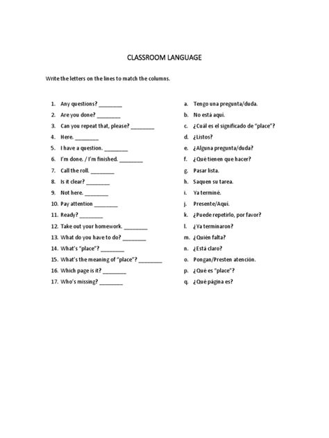 Classroom Language Matching Exercise Pdf