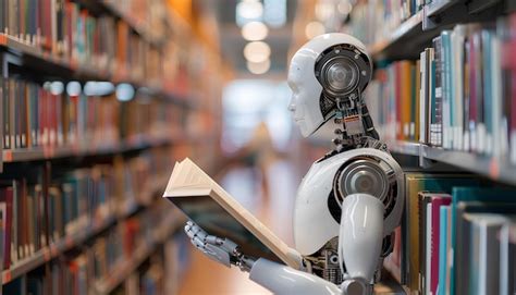 Premium Photo Artificial Intelligence Reading Book On Blurred Library Background