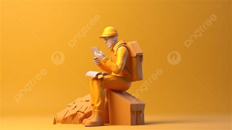 노란색 배경 앞에 앉아 있는 주황색 조각상 3d는 어깨에 가방을 얹은 택배를 렌더링하여 위치 지점 음식 배달에 걸터앉습니다 고화질 사진 사진 배경 일러스트 및 사진 무료
