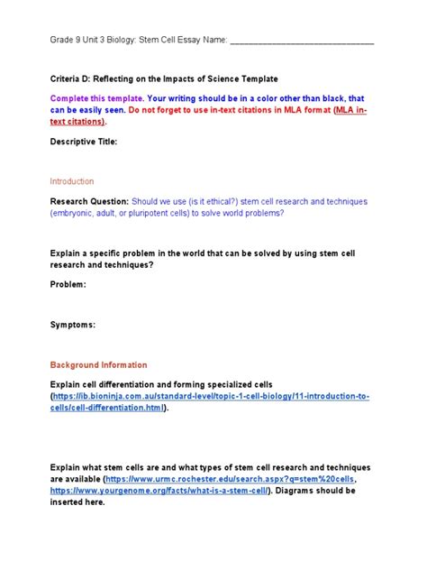 Grade 9 Stem Cell Criteria D Reflecting On The Impacts Of Science Template Pdf Stem Cell