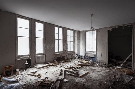 Large Room With Rectangular Windows And High Ceiling For Apartment Renovation Stock