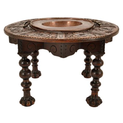 Antique 17th Century Style Spanish Walnut And Brass Iron Warming Brazier Table Circa 1880