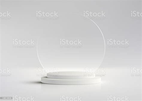 흰색과 회색 배경에 투명한 유리 원형 배경이 있는 3d 현실적인 현대 럭셔리 스타일의 흰색 연단 플랫폼 3차원 형태에 대한 스톡