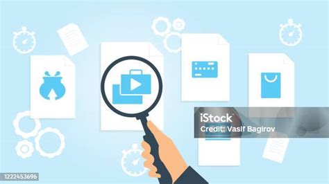 검색 아이콘으로 문서작성합니다 파일 및 돋보기 분석 연구 기호입니다 벡터 일러스트가방 제품 상점 파일 문서 연구 벡터 일러스트 가방에 대한 스톡 벡터 아트 및 기타 이미지