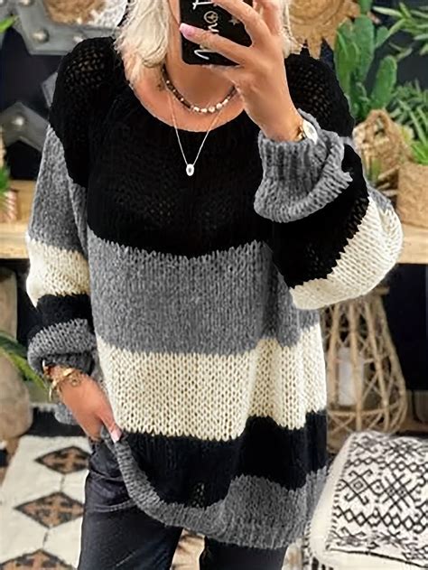 Color Block Crew Neck Pullover Sweater Casual Long Sleeve Fall Winter