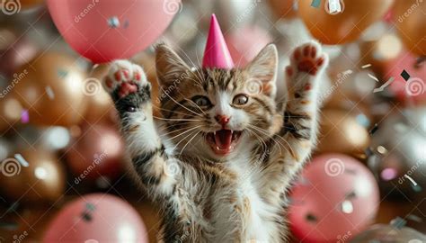 Adorable Kitty Celebrates In A Pink Party Hat Surrounded By Balloons