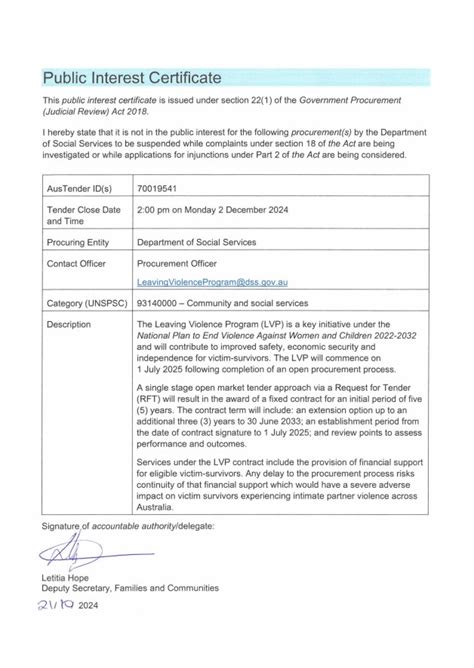 Public Interest Certificate For The Leaving Violence Program Request For Tender Department Of