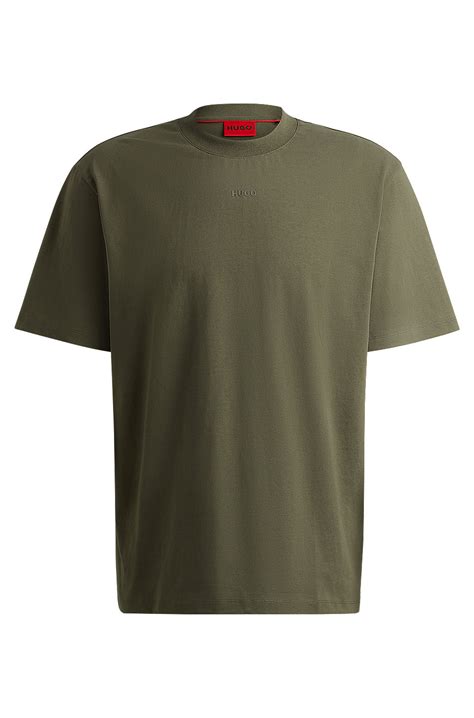 Hugo Relaxed Fit T Shirt In Cotton With Logo Print Khaki