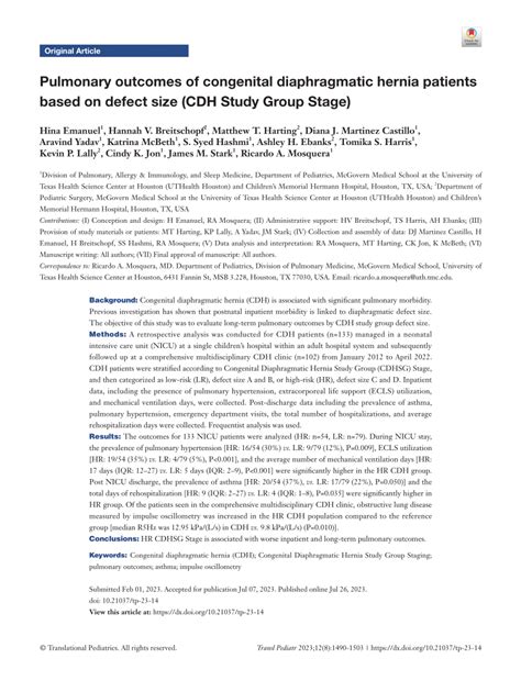 Pdf Pulmonary Outcomes Of Congenital Diaphragmatic Hernia Patients Based On Defect Size Cdh