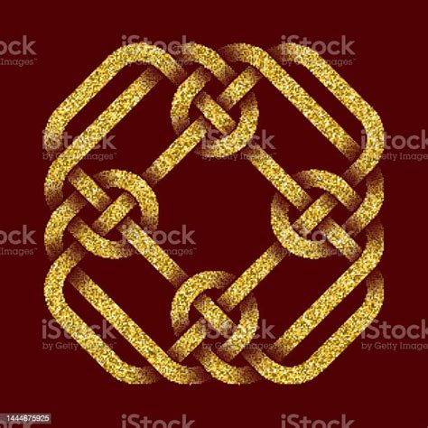Golden Glittering Sign Template In Celtic Knots Style On Dark Red