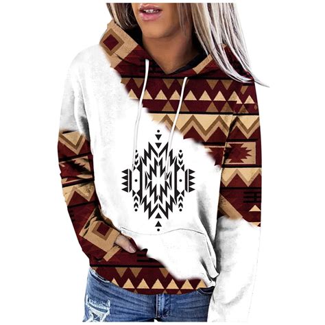 Womens Long Sleeve Tops Western Aztec Hoodie Ethnic Print Hoodie