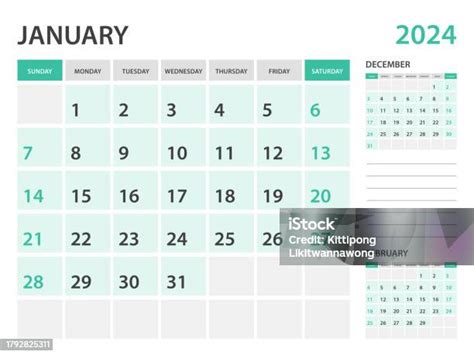 달력 2024 템플릿 1 월 2024 년 월간 플래너 책상 달력 2024 템플릿 벽 달력 디자인 일요일에 주 시작 편지지 인쇄 사무실 주최자 벡터 1월에 대한 스톡 벡터