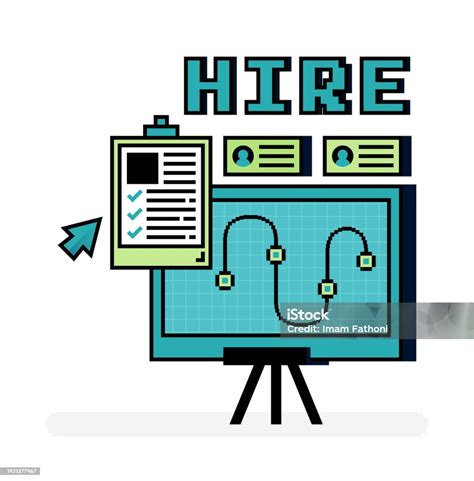 구직자의 성과와 품질을 검토하기 위한 프레젠테이션 보드의 픽셀 라인 아트 웹 웹사이트 랜딩 페이지 앱 인쇄 전단지 브로셔 광고