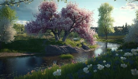 Premium Photo Spring Landscape With Flowers And Trees
