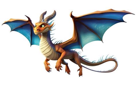 Ilustración de un dibujo animado de dragón volador en fondo blanco inspirado en Pixar Disney
