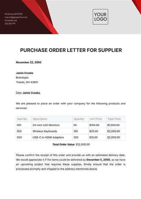 Free Purchase Order Letter For Supplier Template To Edit Online